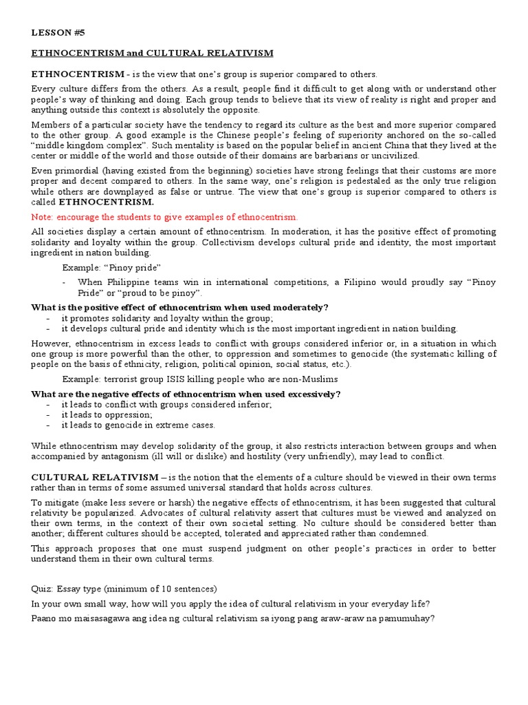 USCP Lesson 5 (Ethnocentrism and Cultural Relativism) | PDF | Pride ...