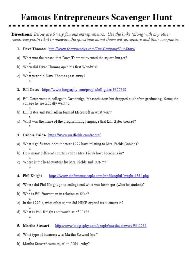 Entrepreneurship Scavenger Hunt | PDF | Entrepreneurship | Business ...