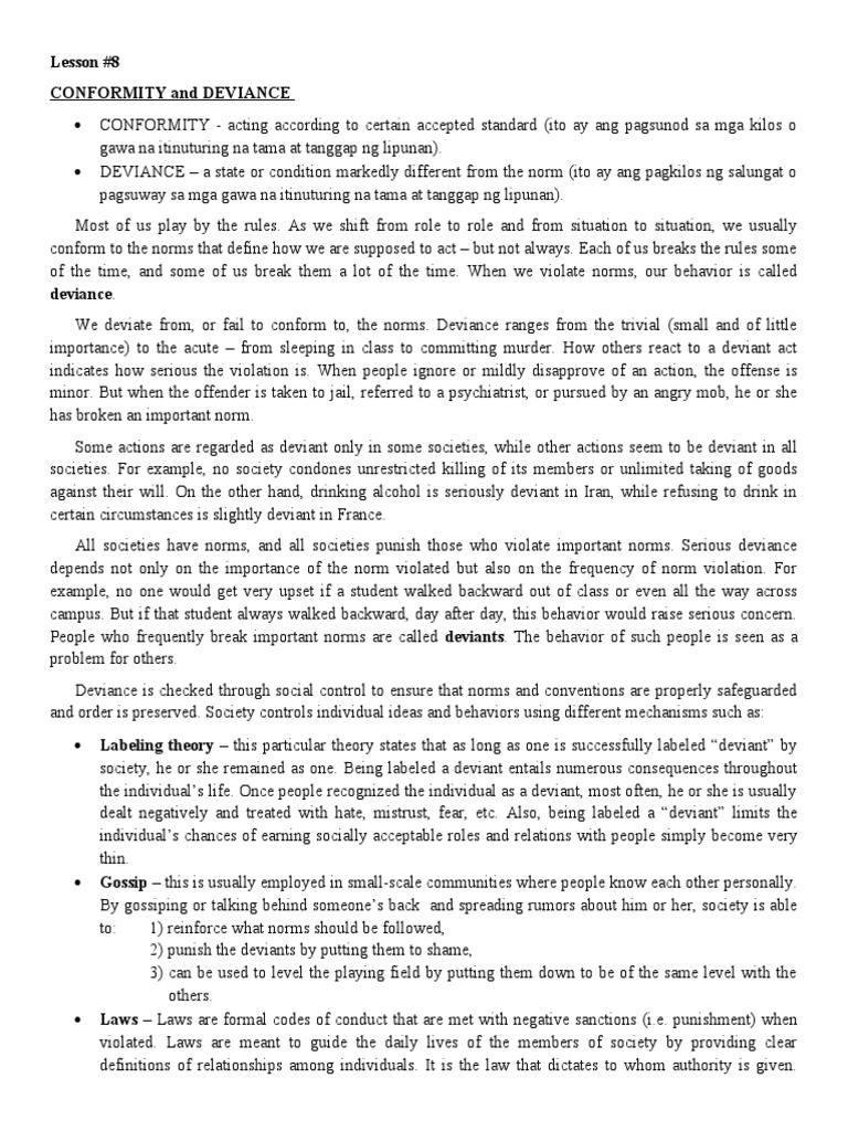 USCP Lesson 10 (Conformity and Deviance) | PDF | Deviance (Sociology ...