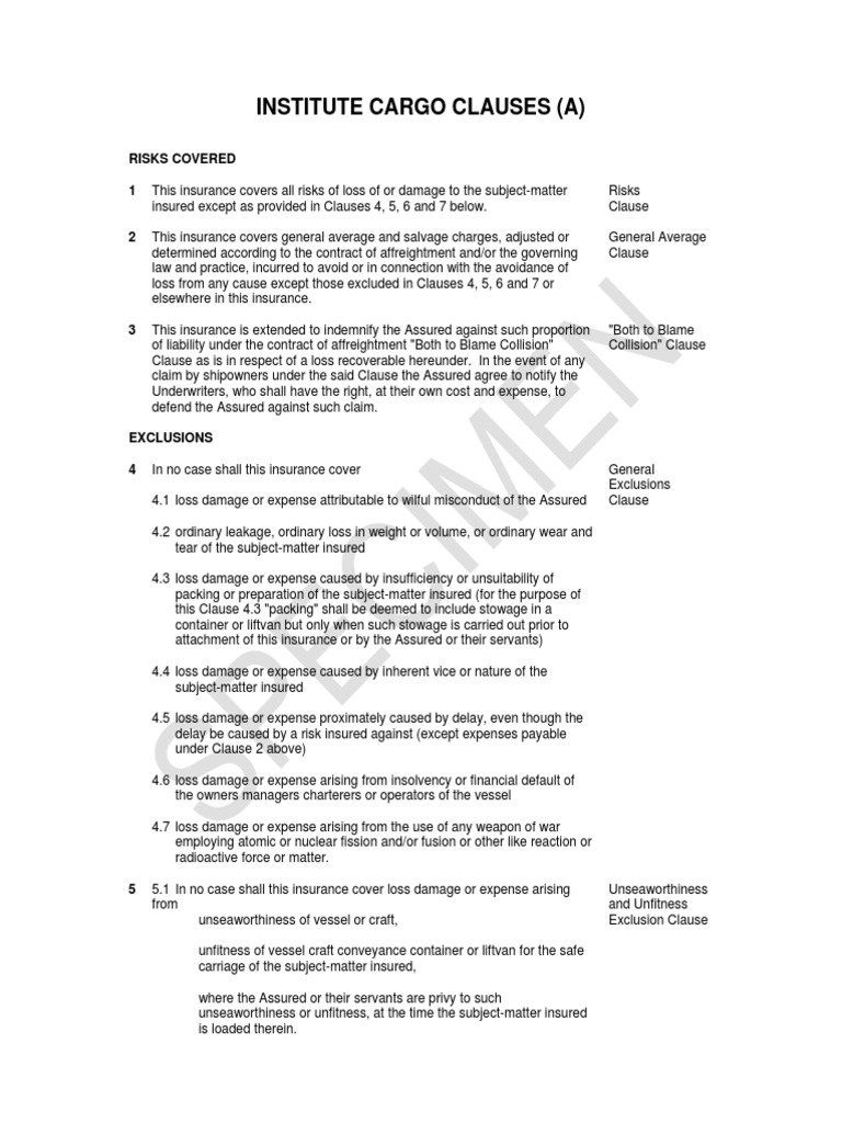 Institute Cargo Clauses A | PDF | Insurance | Civil Law (Legal System)