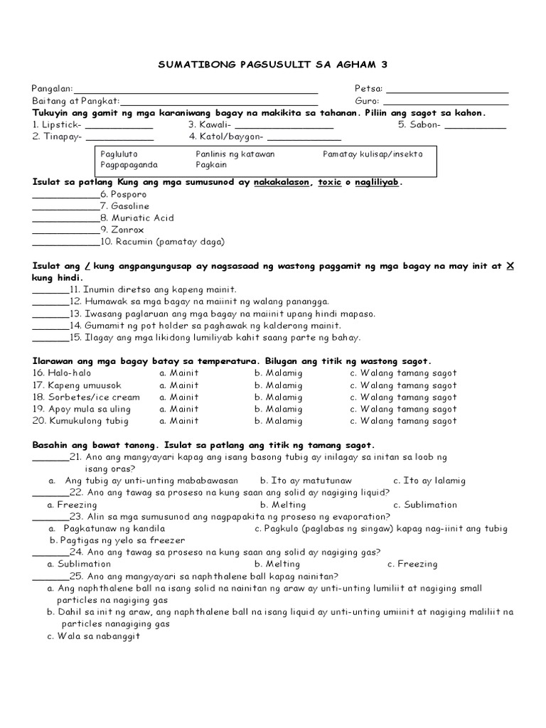 Sumatibong Pagsusulit Sa Agham 3: 2. Tinapay - 4. Katol/baygon | PDF