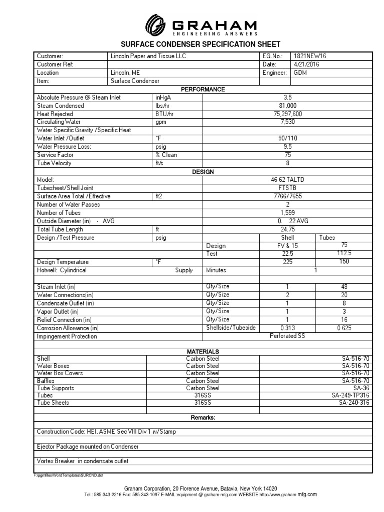 Surface Condenser Specification Sheet: Design | Download Free PDF ...