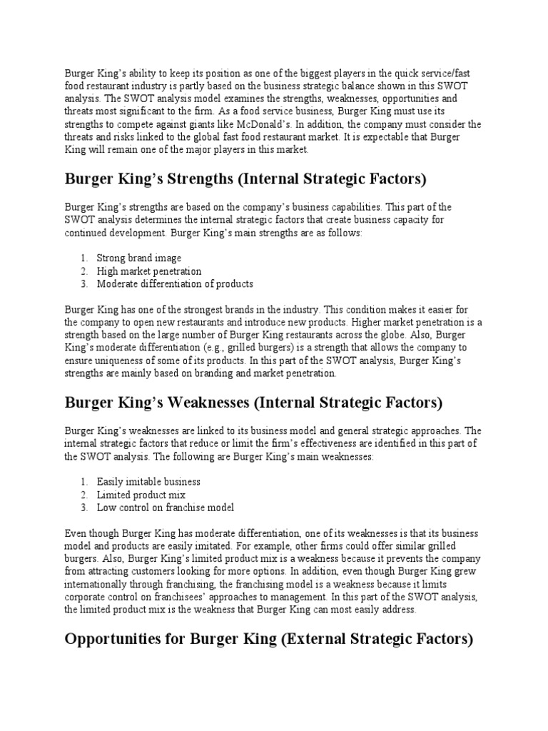 SWOT Analysis Burger King | PDF | Swot Analysis | Franchising
