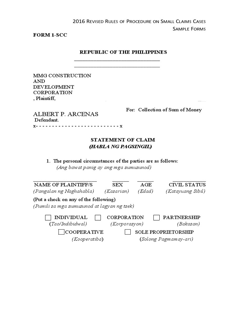 2016 Revised Rules On Small Claims - Sample Forms | PDF | Settlement ...