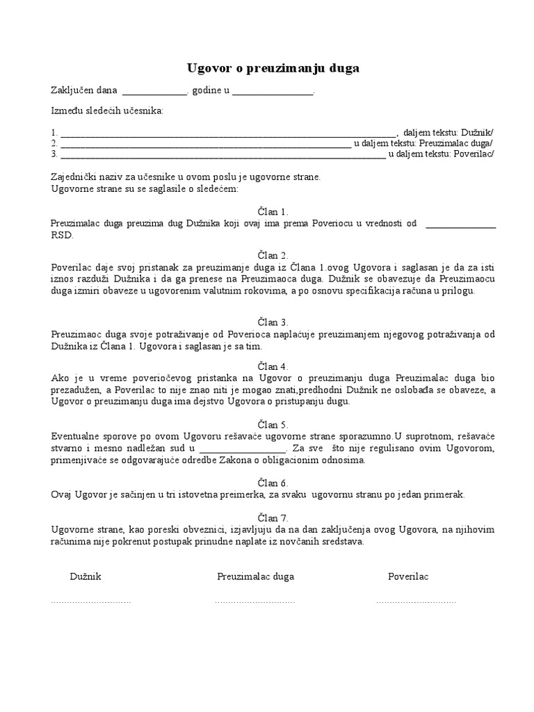 Ugovor o Preuzimanju Duga - Za Unos | PDF
