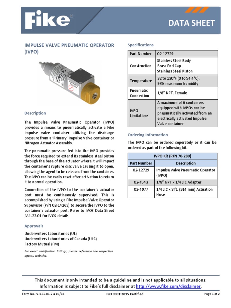 Data Sheet: Impulse Valve Pneumatic Operator (IVPO) | PDF | Valve ...