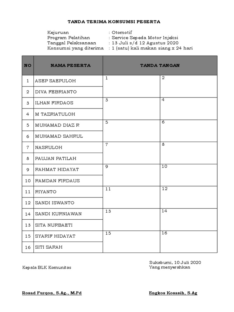 Tanda Terima Konsumsi Peserta | PDF