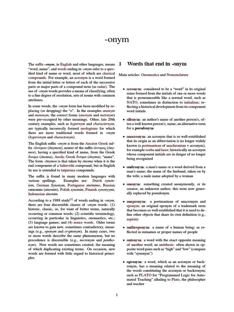 A Comprehensive Classification of -onym Words: Exploring the Diverse ...