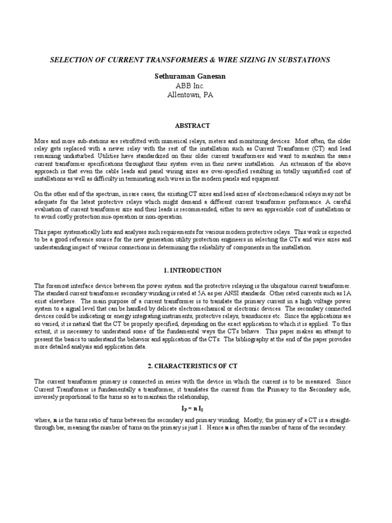 Selection of Current Transformers & Wire Sizing in Substations | PDF ...
