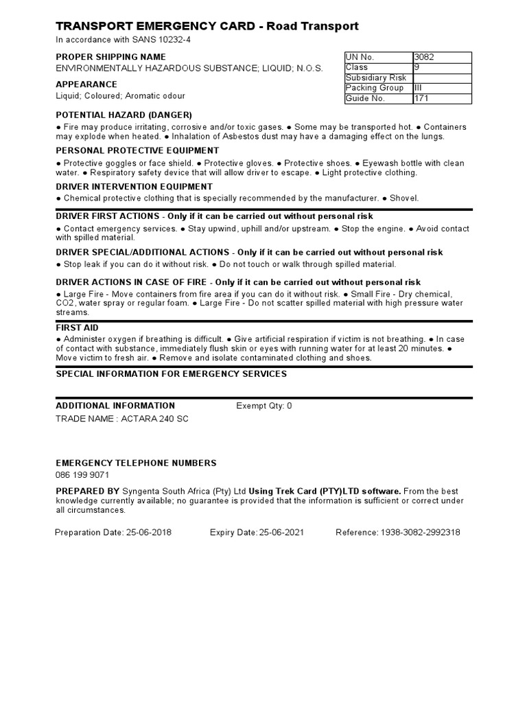 Transport Emergency Card - Road Transport | PDF | Personal Protective ...