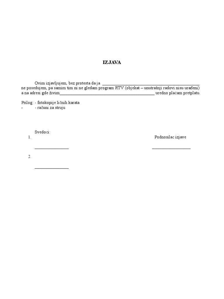 RTS Pretplata - Izjava o Nekorišćenju | PDF