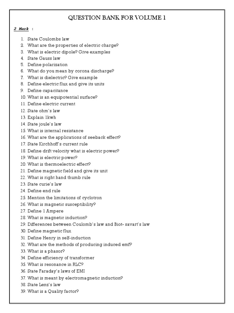 Question Bank For Volume 1 | PDF | Electromagnetic Induction | Magnetic ...