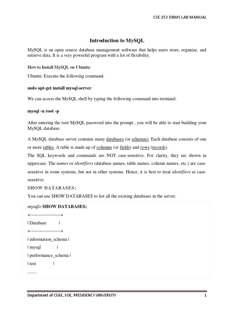 CA-01 DBMS LAB Reference Manual | PDF | Relational Model | Databases