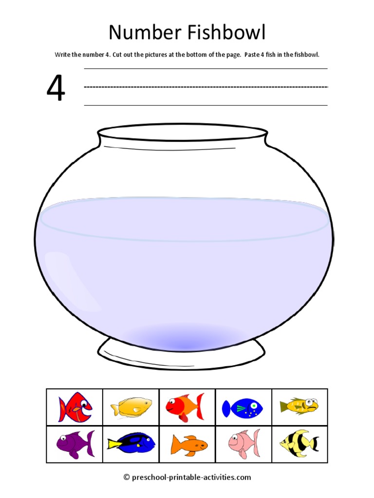 Number Fishbowl: Write The Number 4. Cut Out The Pictures at The Bottom ...