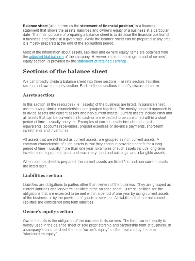 Sections of The Balance Sheet: Assets Section | PDF | Balance Sheet ...
