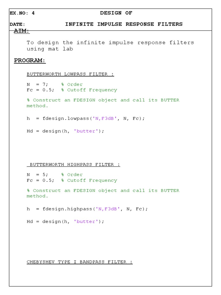 To Design The Infinite Impulse Response Filters Using Mat Lab | PDF