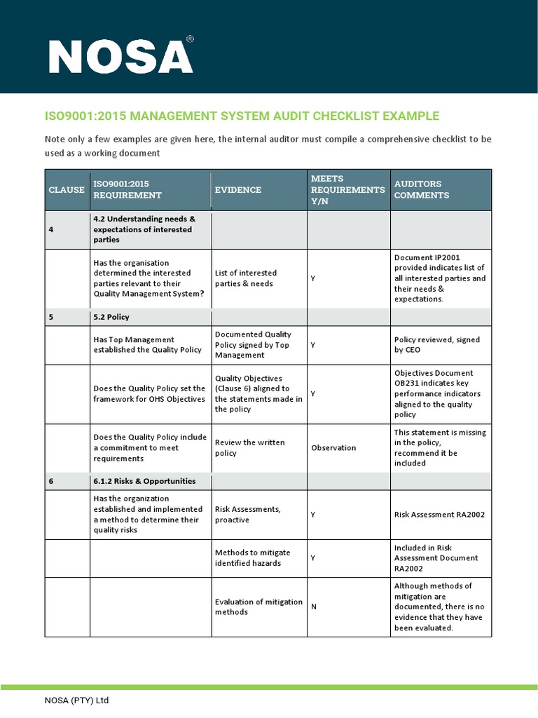 Iso9001 2015 Management System Audit Checklist Example | PDF | Iso 9000 ...
