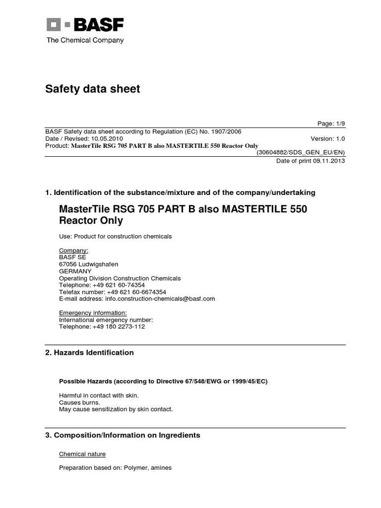 BASF MasterTile RSG 705 Safety Data Sheet | PDF | Dangerous Goods | Toxicity