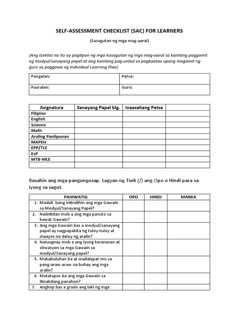 Self Assessment Checklist | PDF