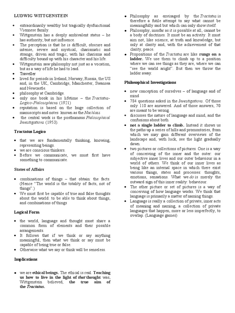 Ludwig Wittgenstein Article Notes Pdf Ludwig Wittgenstein