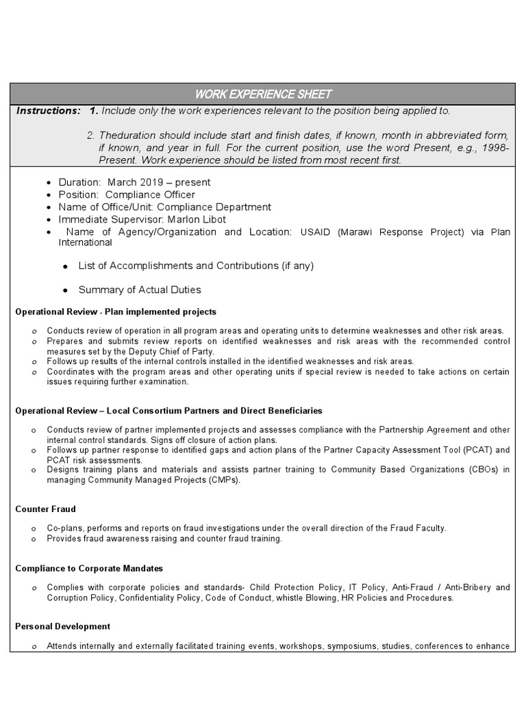Comprehensive Work Experience Overview | PDF | Internal Audit | Audit
