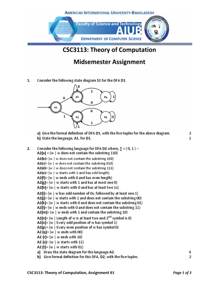 CSC3113: Theory of Computation, Assignment 01 | PDF | Theoretical Computer Science | Digital ...