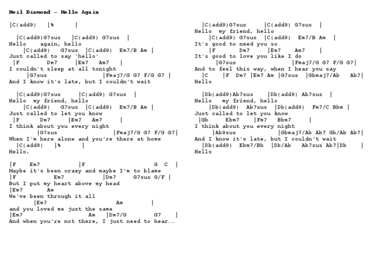 Hello Again - Neil Diamond Chords Landscape | PDF