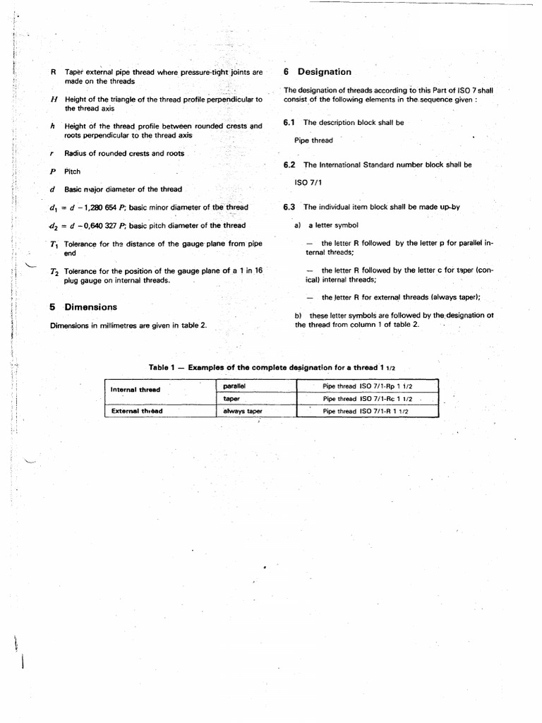 6 Designation: Parallel Pipe Thread ISO 7/1-Rp 1 Taper Pipe Thread ISO ...