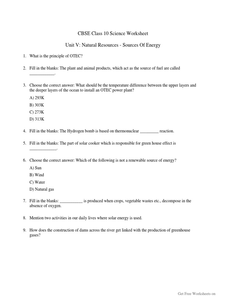 Sources of Energy CBSE Class 10 Worksheet | PDF | Biogas | Solar Energy
