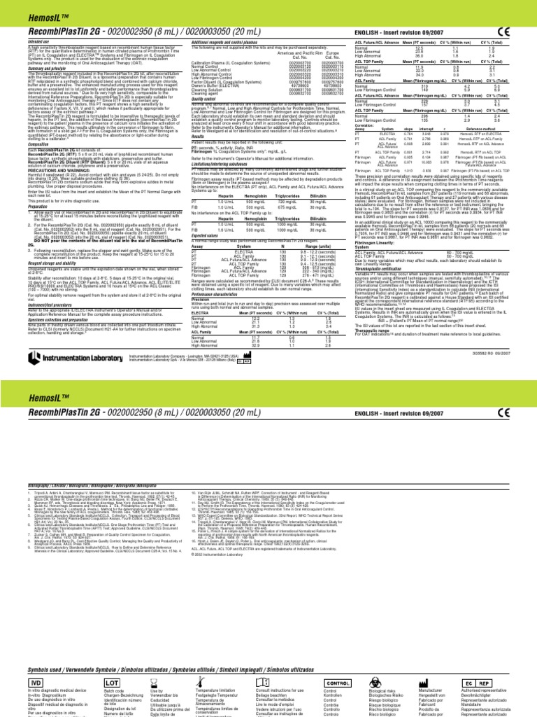 Hemosil™ Recombiplastin 2G - 0020002950 (8 ML) / 0020003050 (20 ML ...