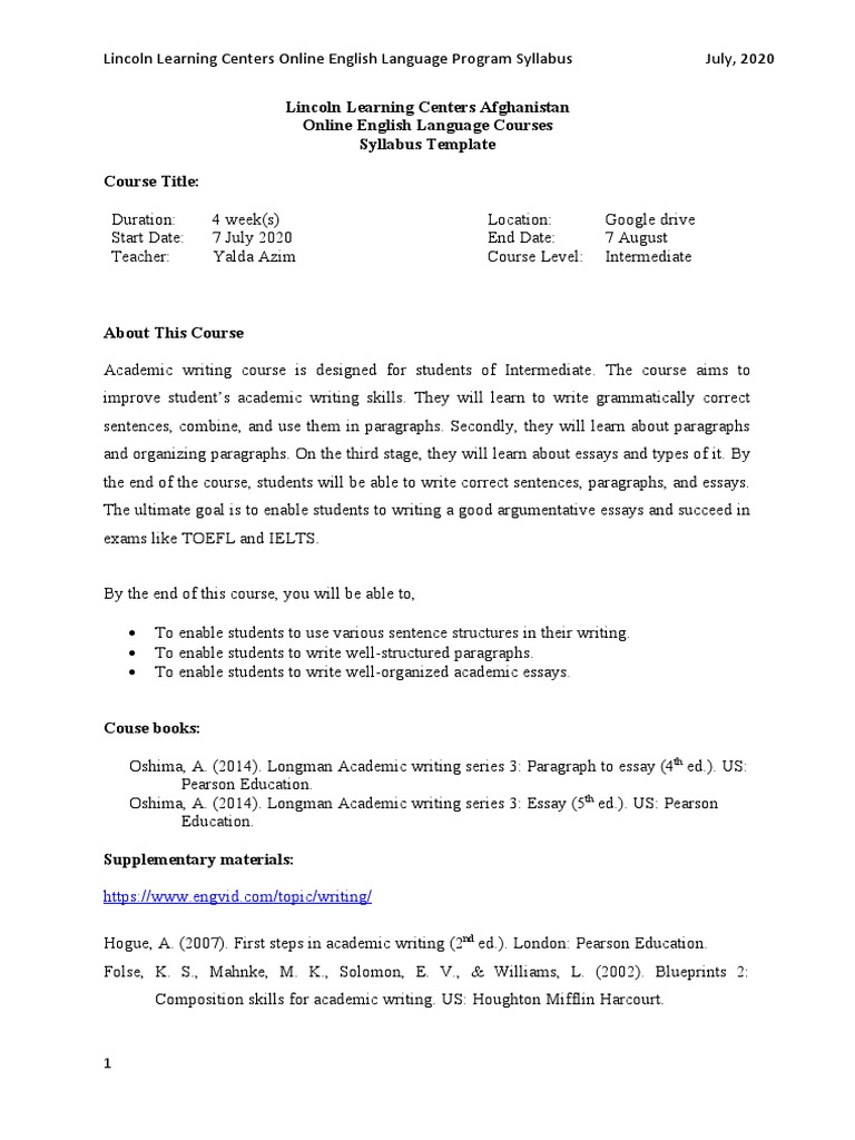Academic Writing Class B - Syllabus | PDF | Paragraph | Essays