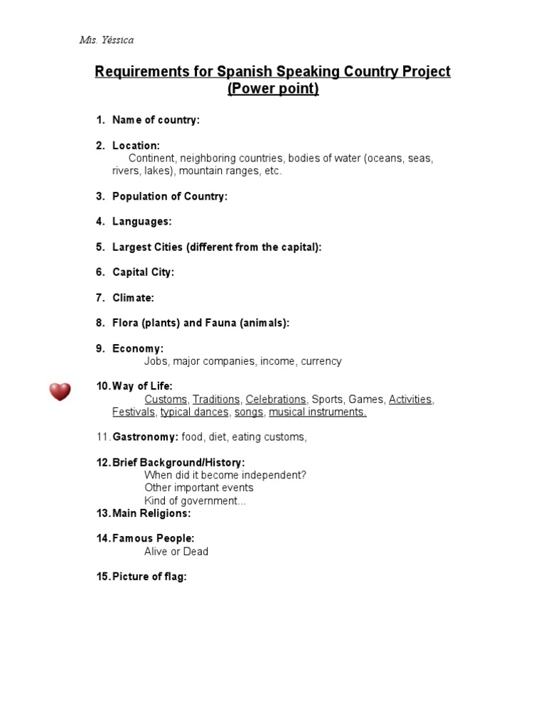 Requirements For Spanish Speaking Country Project (Power Point) | PDF