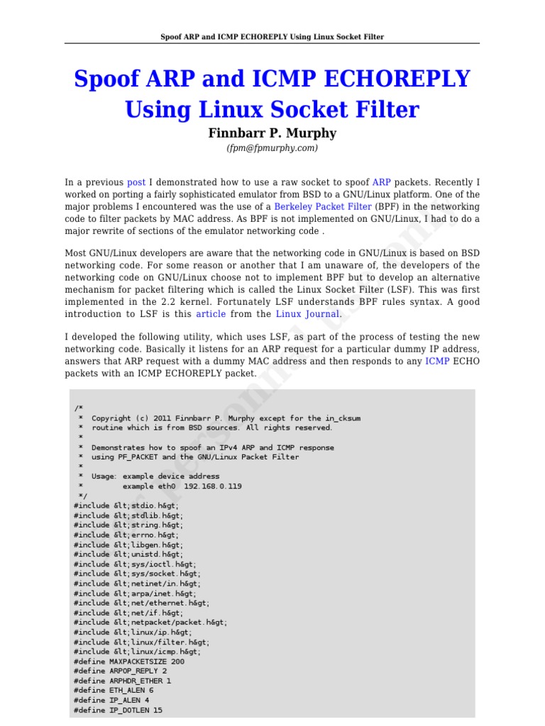 Spoof ARP and ICMP ECHOREPLY Using Linux Packet Filter | PDF | Network Socket | Computer Engineering