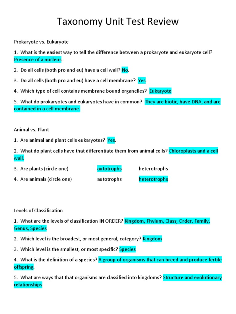 Taxonomy Unit Test Review Guide | PDF | Cell (Biology) | Eukaryotes