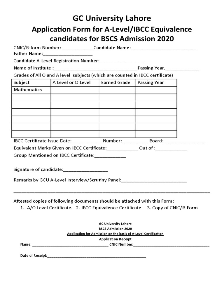GC University Lahore: Application Form For A-Level/IBCC Equivalence ...