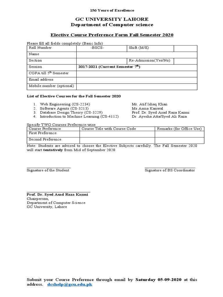 Elective Course Preference Form Fall 2020 | PDF