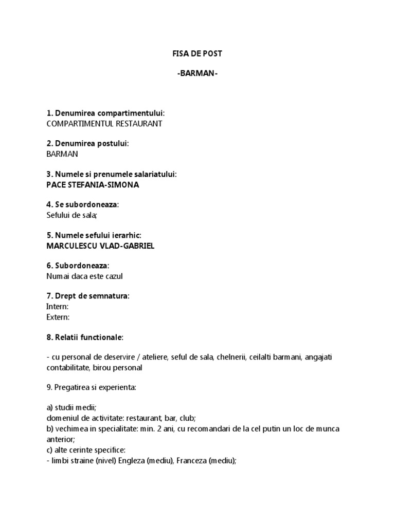 Fisa de Post - Barman | PDF