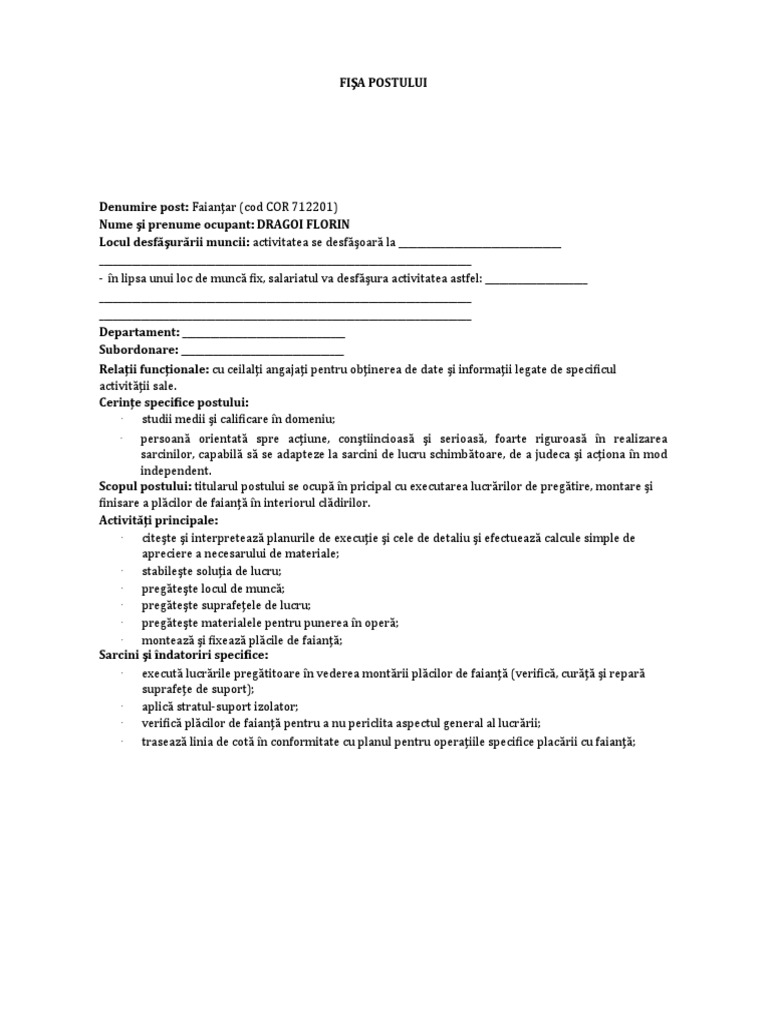 Fisa de Post - Faiantar | PDF