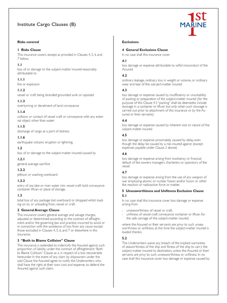 Institute Cargo Clauses (B) | PDF | Insurance | Private Law