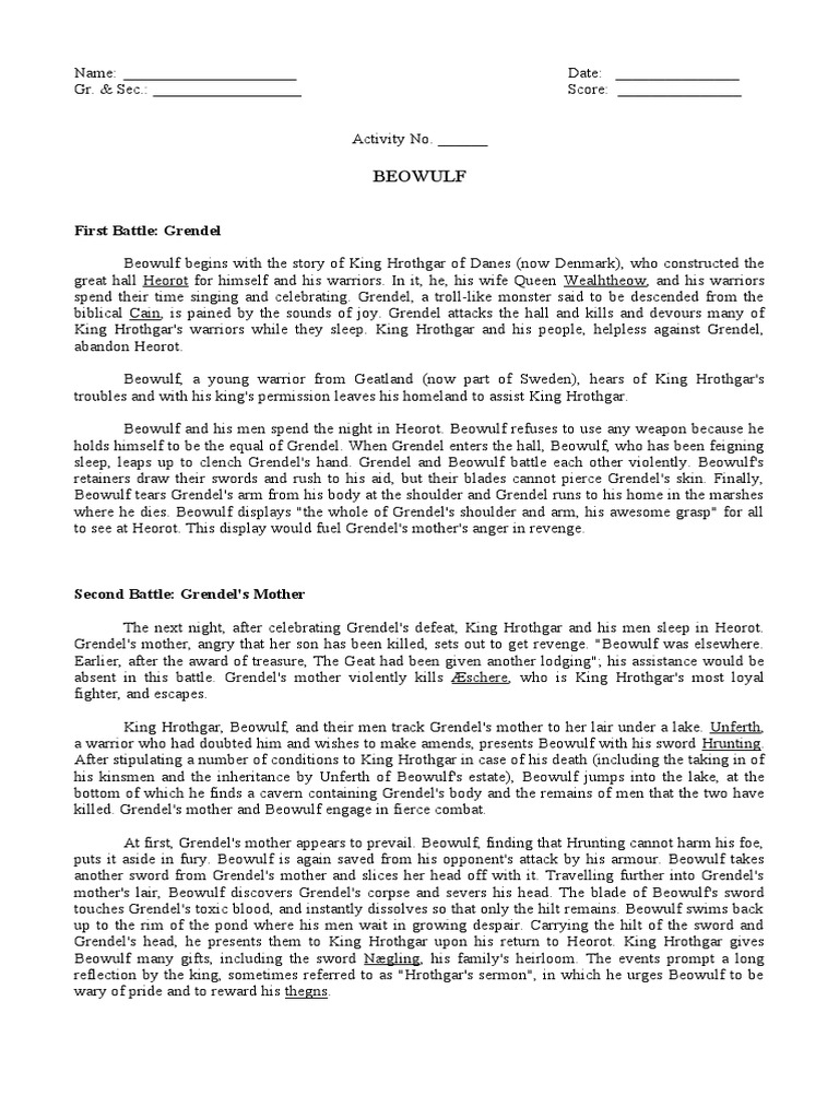 Beowulf: First Battle: Grendel | PDF | Beowulf | Germanic Mythology
