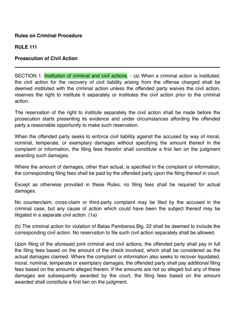 Rules On Criminal Procedure RULE 111 Prosecution of Civil Action | PDF ...