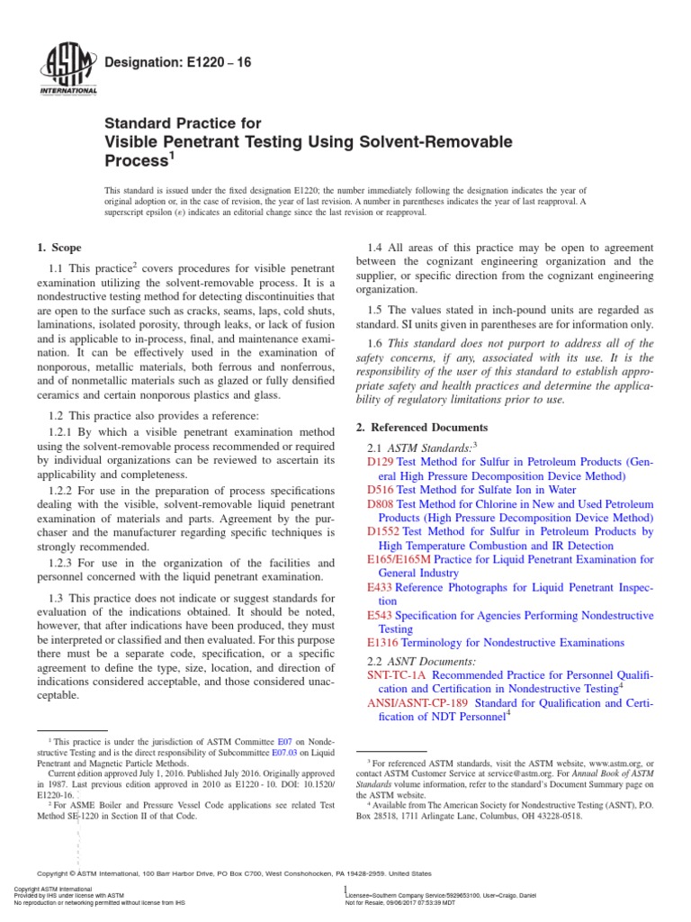 Visible Penetrant Testing Using Solvent-Removable Process: Standard ...