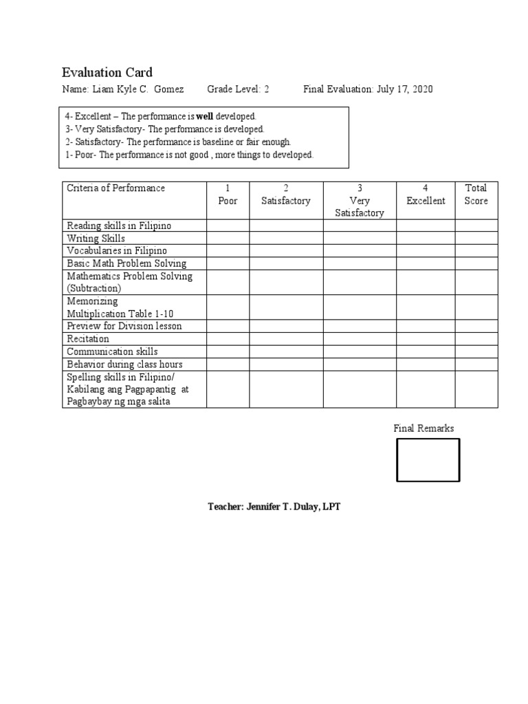 Evaluation Card | PDF