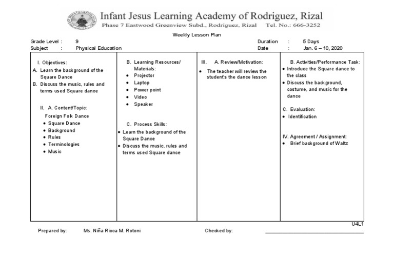 Weekly Lesson Plan Grade Level: 9 Duration: 5 Days Subject: Physical ...
