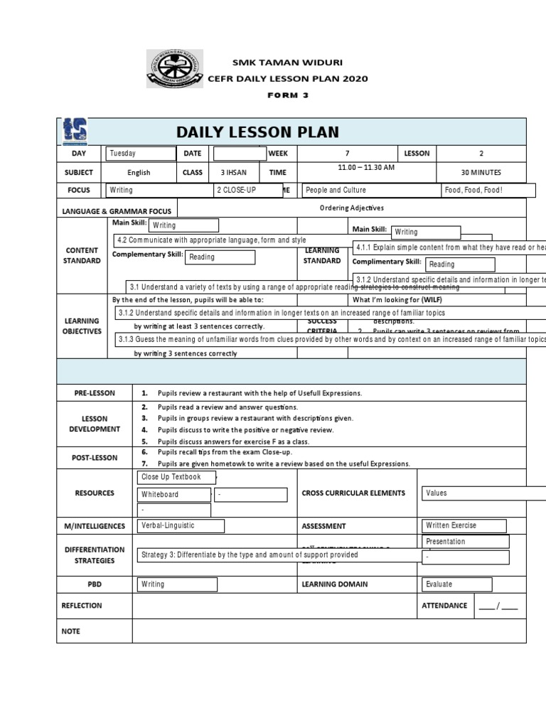 SMK Taman Widuri Cefr Daily Lesson Plan 2020 | PDF | Lesson Plan | Learning