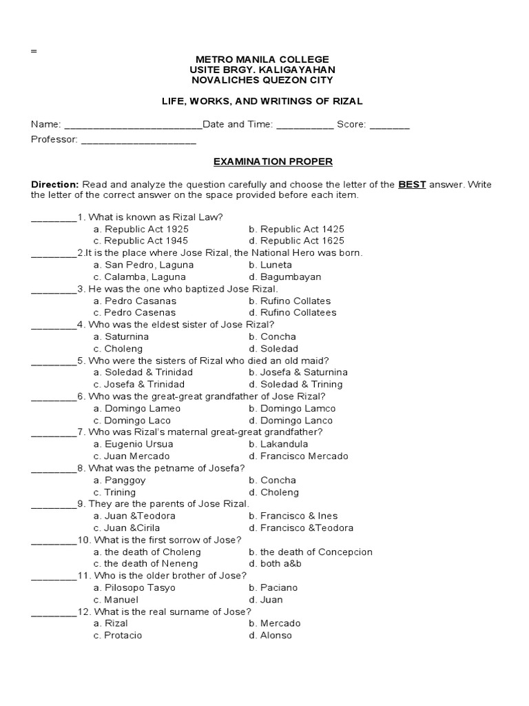 Midterm Exam in Rizal | PDF | Philippines