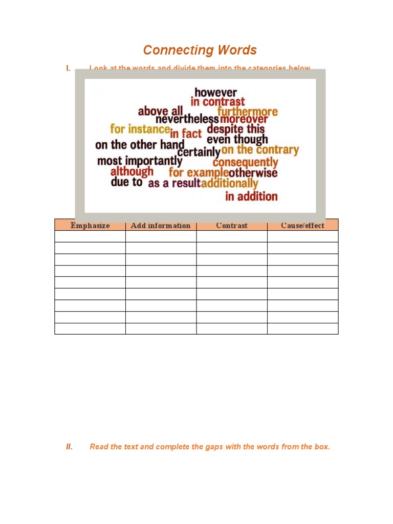 Connecting Words: Look at The Words and Divide Them Into The Categories ...