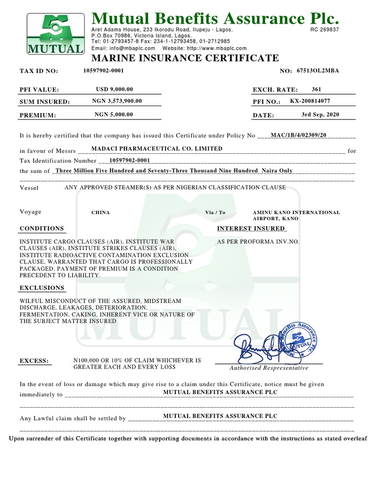 Mutual Benefits Assurance PLC.: Marine Insurance Certificate | PDF ...