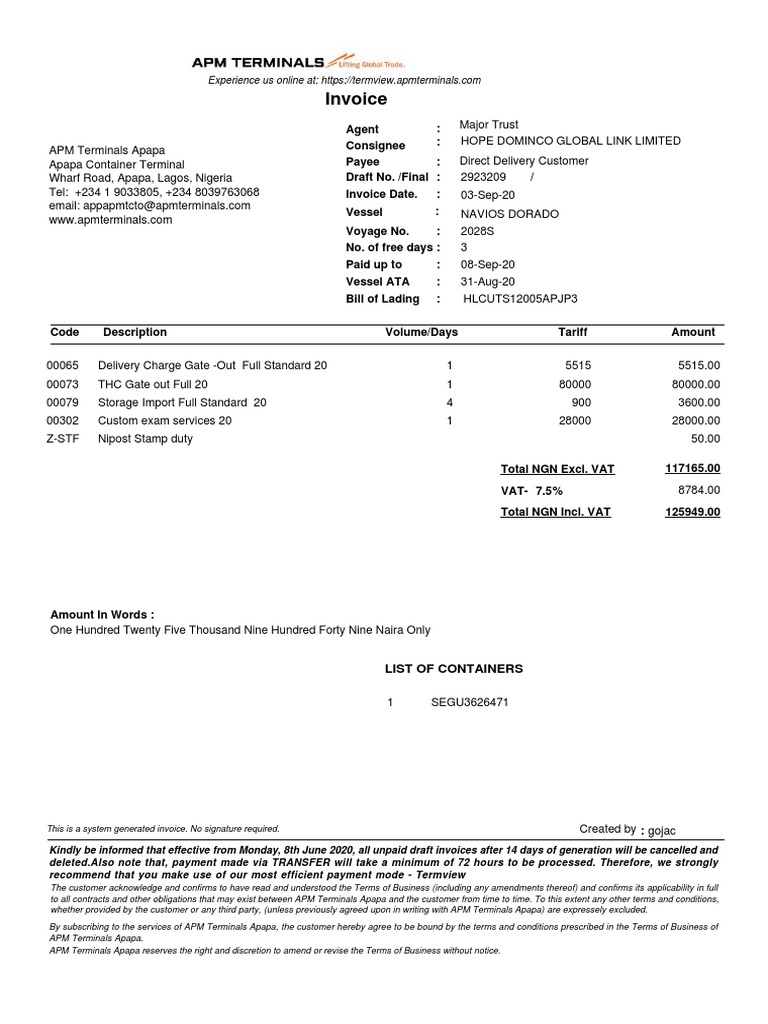 Invoice: List of Containers | Download Free PDF | Payments | Invoice