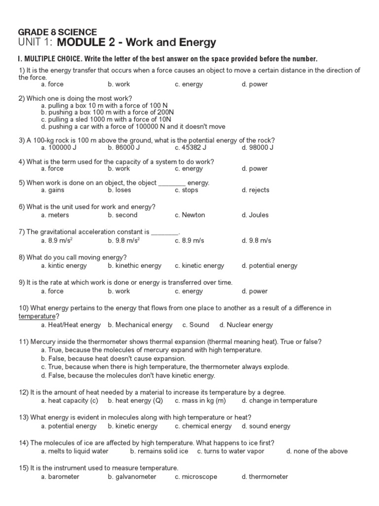 GRADE 8 SCIENCE QUIZ: Power, Work and Energy | PDF | Temperature | Heat